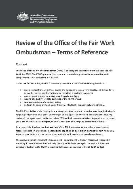 Review of the Office of the Fair Work Ombudsman - Department of ...